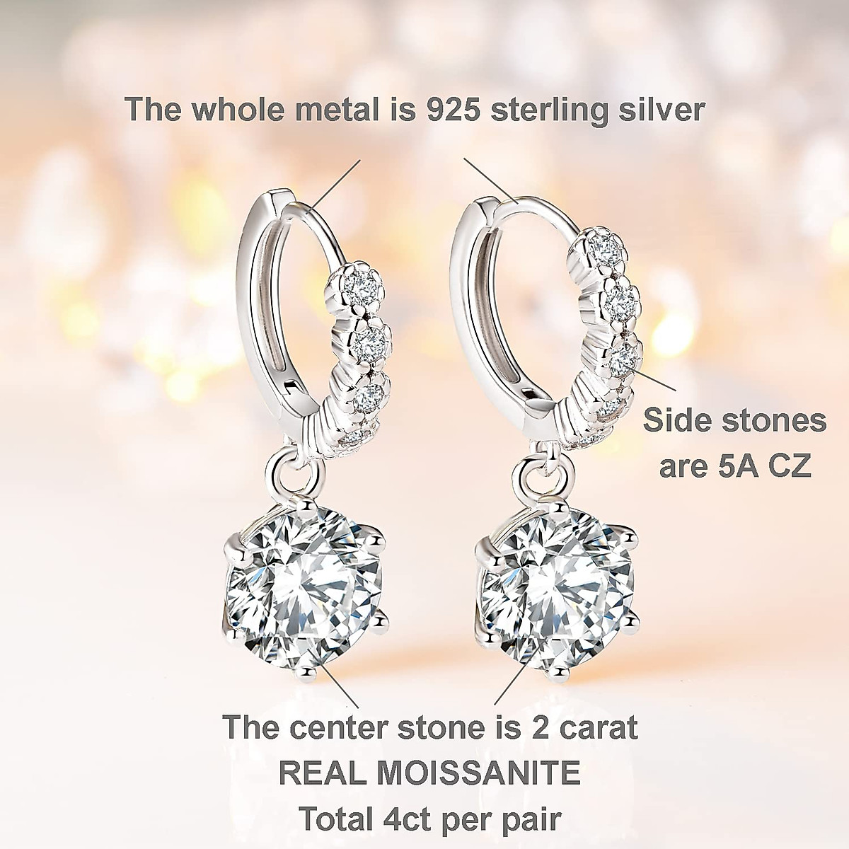 2-6CT Moissanite Hoop Earrings for Women, 6P D Color Ideal Cut 925 Sterling Silver Simulated Diamond Dangle Earrings with Certificate of Authenticity (4CT)