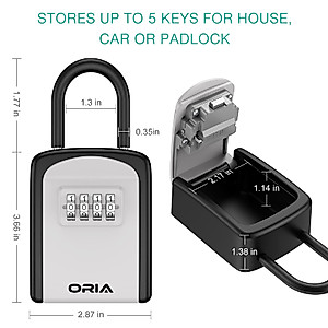 ORIA Key Lock Box, Key Safe Box, 4 Digit Combination Key Storage Lock Box Waterproof, 5 Keys Capacity with Removable Shackle for Indoor Outdoor, Silver, 3.66inch