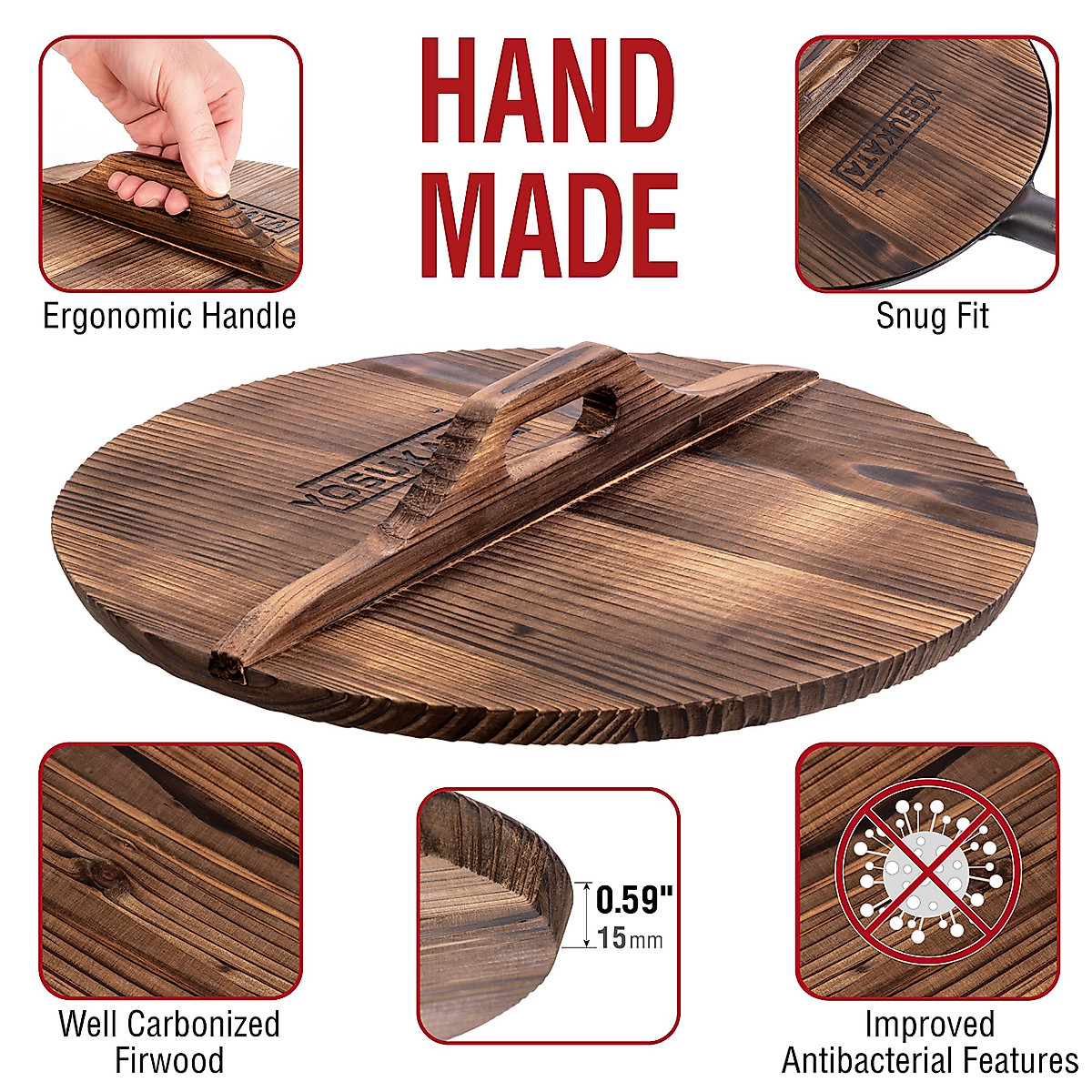 YOSUKATA Cast Iron Wok Cover - Premium Wok Cover 13.5 inch Pan Lid - Wooden Wok Lid 13.5 in with Ergonomic Handle - Condensate-free 13.5 inch Lid - Wok Accessories for Genuine Asian Cooking