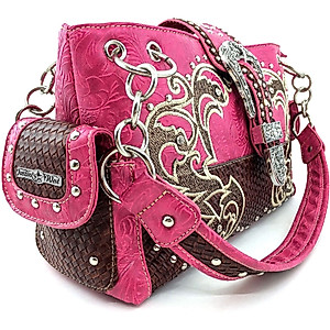 Justin West Gleaming Western Tooled Rhinestone Buckle Floral Embroidery Chain Shoulder Handbag Purse Back Concealed Carry Phone Slot Crossbody Trifold Wallet (Hot Pink Handbag)