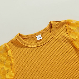 Durveency Kids Toddler Clothes Set Baby Girls Mesh Long Sleeve Shirt and Flared Denim Pants Spring Fall Winter 2pcs Outfits Clothing (Yellow , 4-5T )