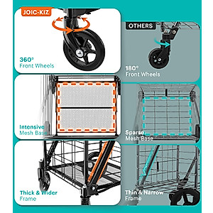 Shopping Cart, 350 lbs Black Super Capacity Grocery Cart on Wheels Jumbo Double Basket Folding Shopping Cart with 360° Rolling Swivel Wheels Utility Shopping Carts for Groceries Luggage Laundry
