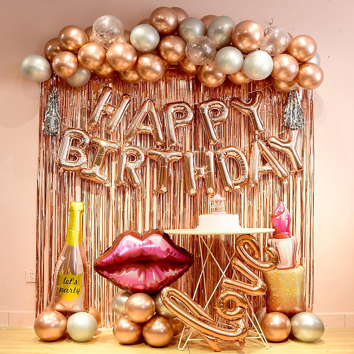 Rose Gold birthday decorations for women ，happy birthday party decorations for girls，Rose Gold Fringe Curtain，happy birthday banner，happy birthday balloon，happy birthday balloon letters