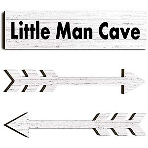 3 Pieces Little Man Cave Wood Sign Decor Toddler Boys Room Wood Wall Art Sign 15 x 4 x 0.2 Rustic Boys Nursery Wall Sign Decor Farmhouse Wooden Arrow Sign for Baby Home Bedroom Living Room (White)