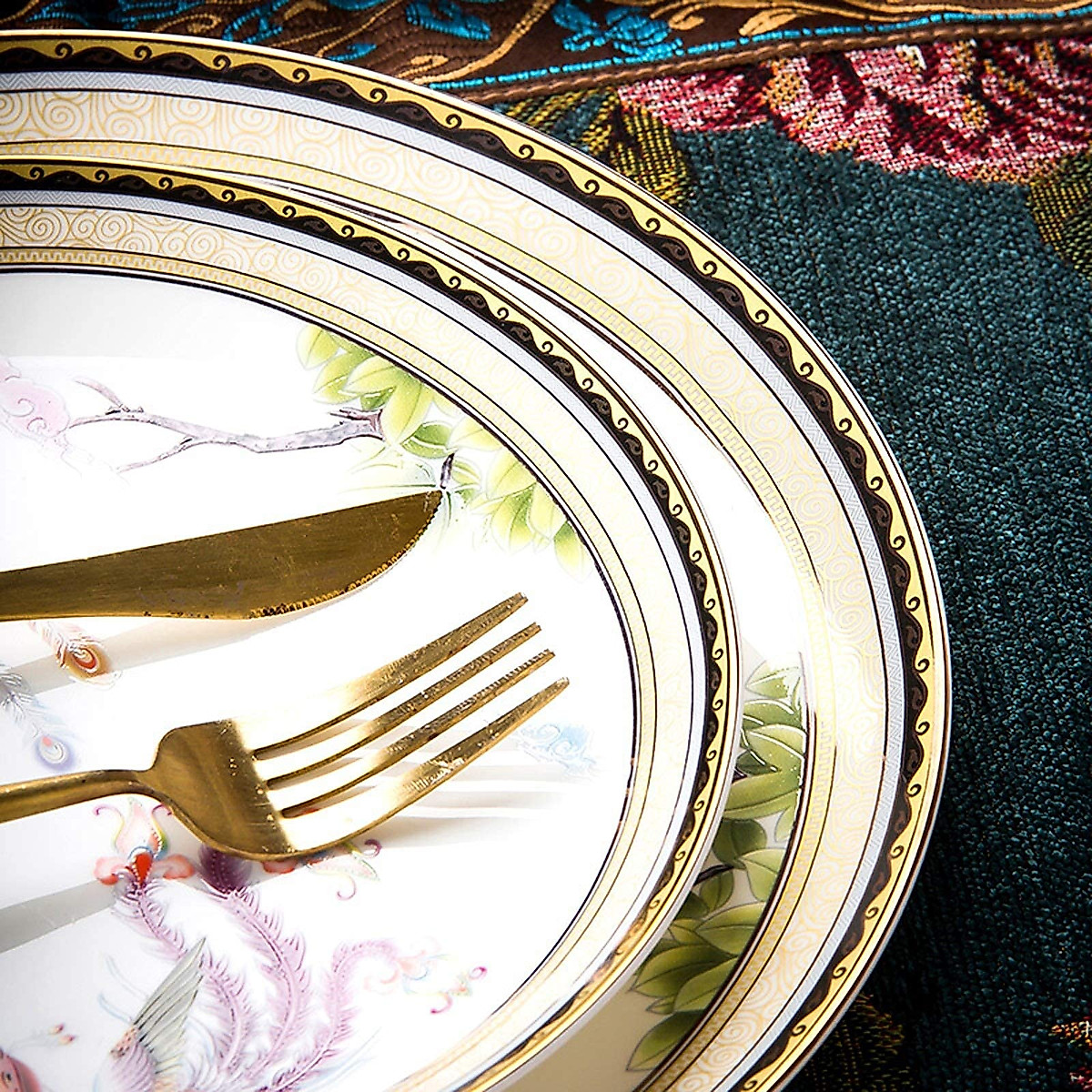 Dinner SetsClassic Pottery Tableware,Ceramics Dinnerware Set, High-end Enamel Porcelain Soup Pot/Plate/Bowl | 50 Pieces Bone China Dinner Sets for Family Gathering and Wedding Gifts