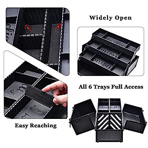 Joligrace Makeup Train Case Professional Adjustable - 6 Trays Cosmetic Cases Makeup Storage Organizer Box with Lock and Compartments 14 Inch Large Black