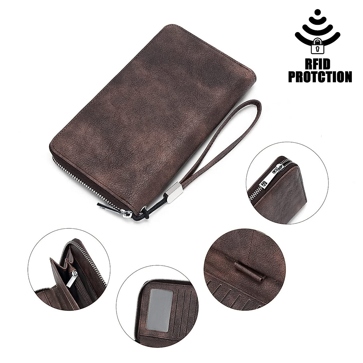 Telena Leather Wallets for Women Slim Zip Around Wristlet Clutch Purse Large Phone Holder Retro Coffee