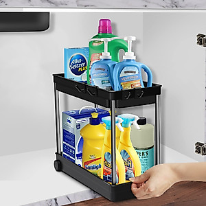 Durmmur [Upgrade Wheels] Under Sink Organizers and Storage, Slide Out Multi-Purpose 2 Tier Bathroom Organization Countertop or Undersink Shelf, Kitchen Under Cabinet Container Basket Caddy with Hooks