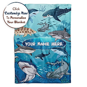 Personalized Shark Blanket for Kids - Ships Next Day and Made in USA - Soft Fleece Throw Bed, Cute Room Decor, Plush Sofa Couch Cover, Lightweight Baby Shark Toys, Custom Gift (Fleece – 50x60)