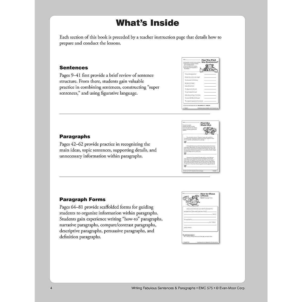 Evan-Moor Writing Fabulous Sentences & Paragraphs, Grades 4-6, Homeschool & Classroom Workbook, Activities, Main Ideas, Topic Sentences, Figurative Language, Descriptive Details, Writing Skills