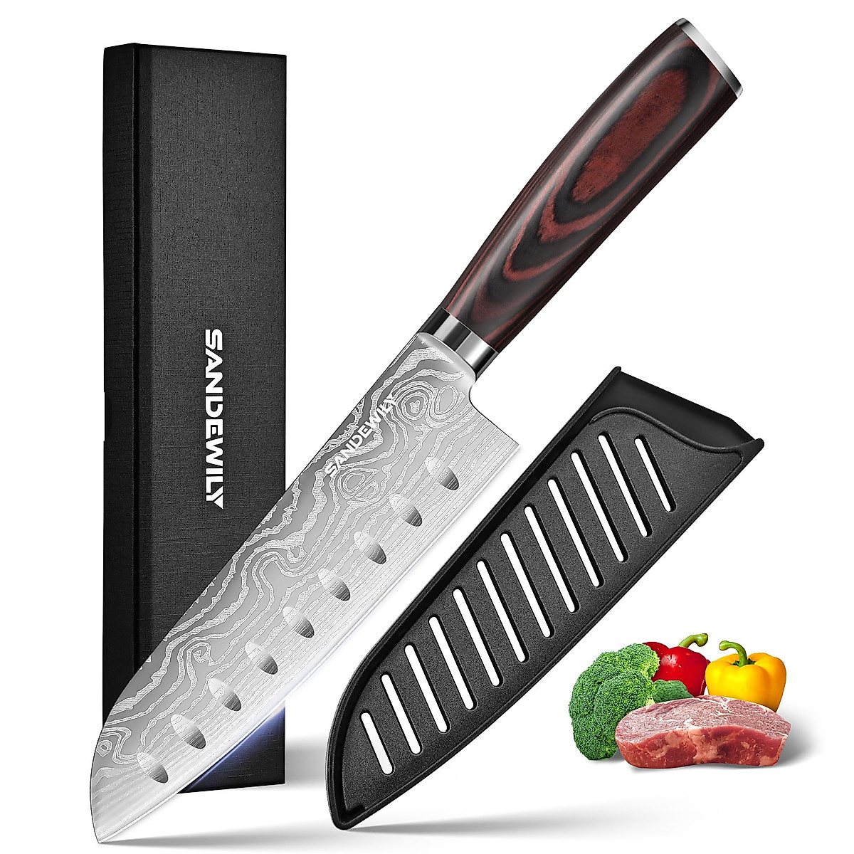 SANDEWILY 7 Inch Japanese Santoku Knife - Ultra Sharp 7Cr17Mov Kitchen Chef Knife with Sheath,High Carbon Stainless Steel Blade,Ergonomic Handle Gift Box for Home Outdoor Cooking