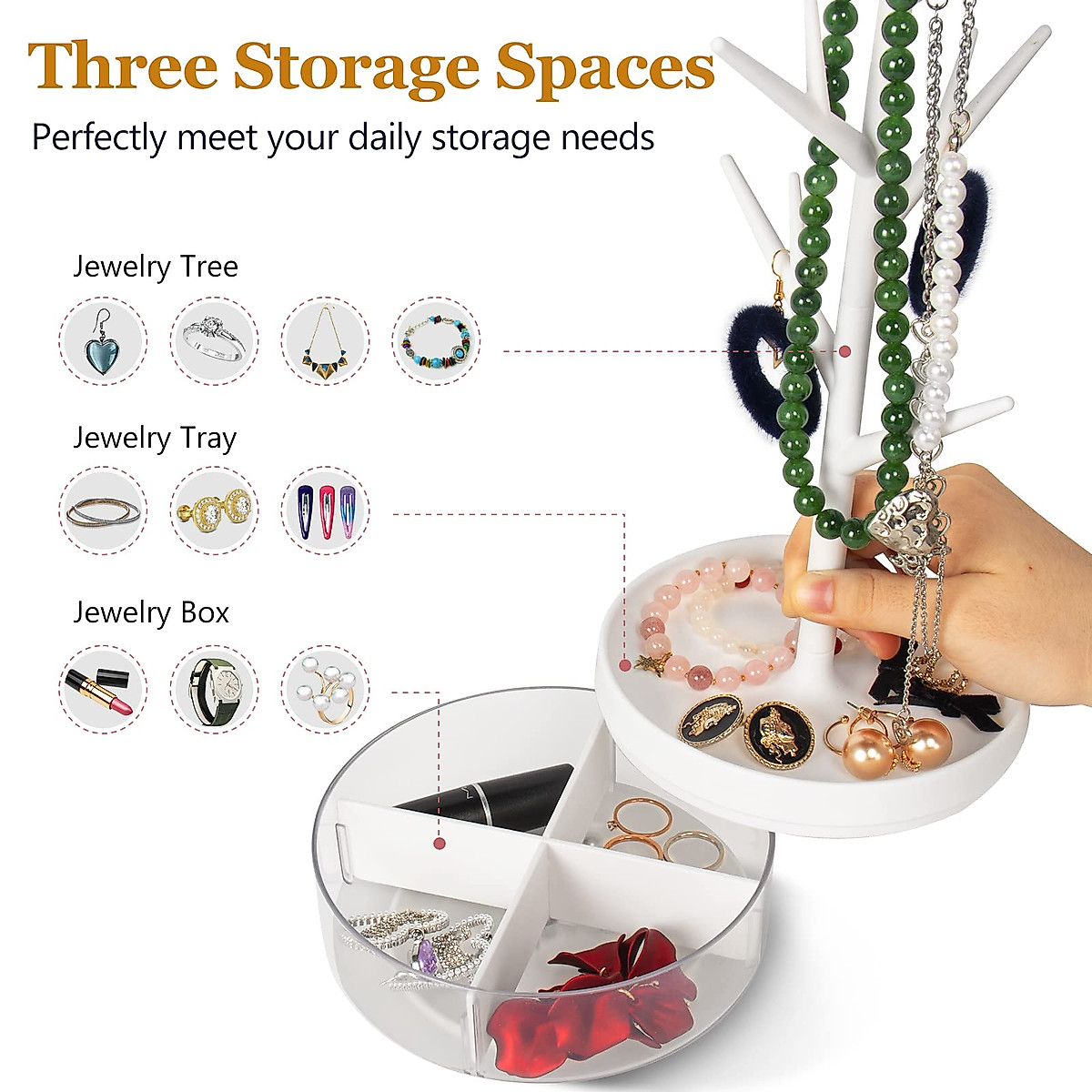 Inmorven Jewelry Tree Stand Organizer with Storage Box, White Display Holder for Necklaces Bracelets Earrings, with Clear Base Container
