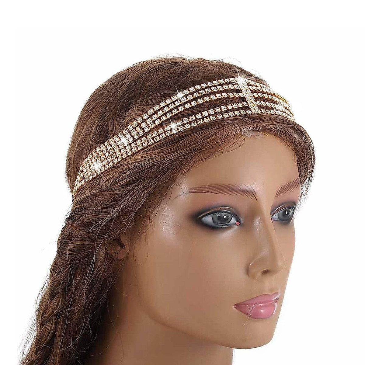 Aularso Gold Head Chain Rhinestone Head Jewelry Elastic Layered Headpiece Wedding Crystal Headbands Chain for Women (Gold)