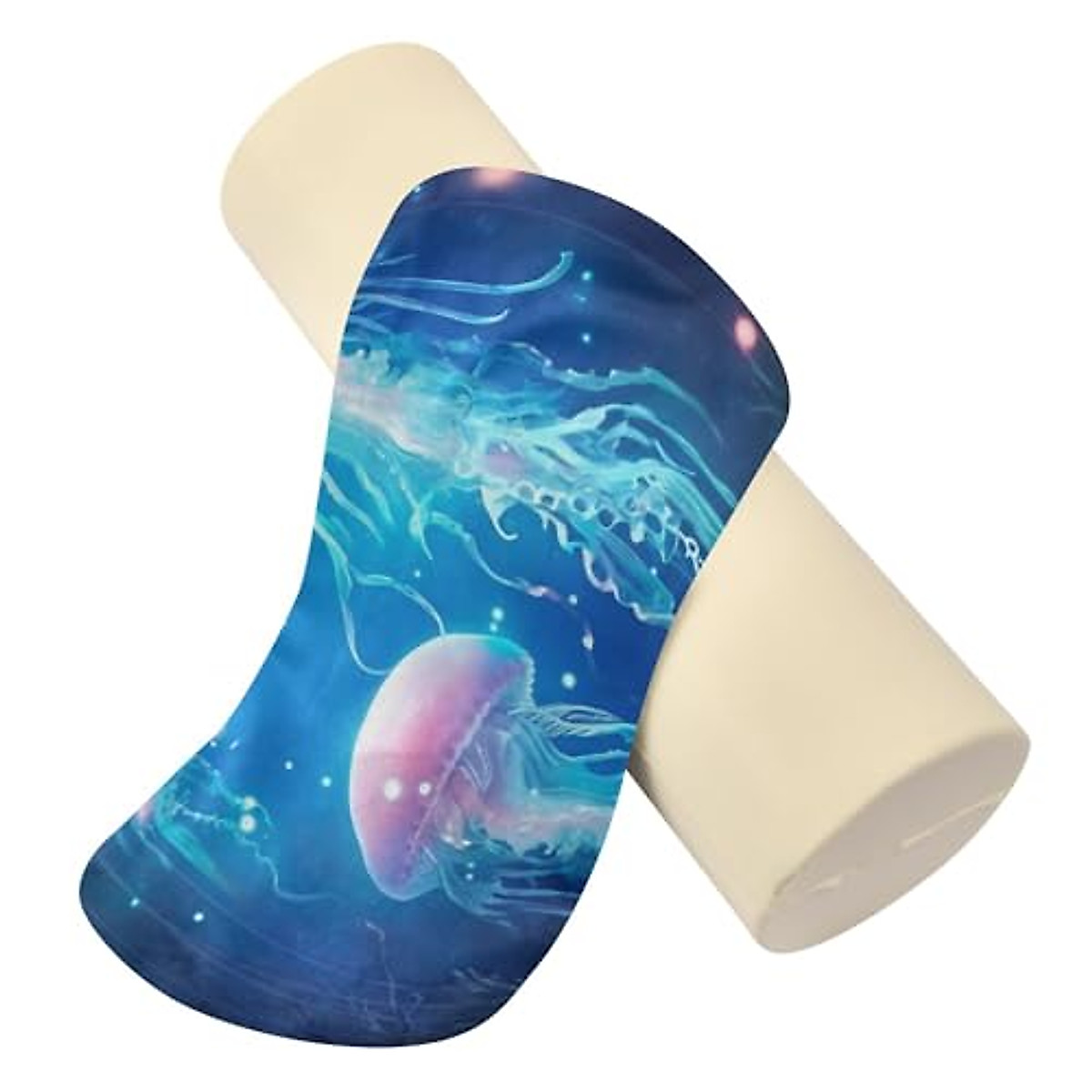 xigua Blue Jellyfish Neck Roll Pillow for Neck Relief with Removable Washable Cover - Memory Foam Round Cylinder Bolster, Ergonomically Designed for Head, Neck, Back, and Legs