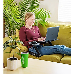 WorkEZ BEST Adjustable Laptop Stand Lap Desk for Bed Couch with Mouse Pad ergonomic height angle tilt aluminum desktop riser tray portable computer riser table cooler cooling folding holder black