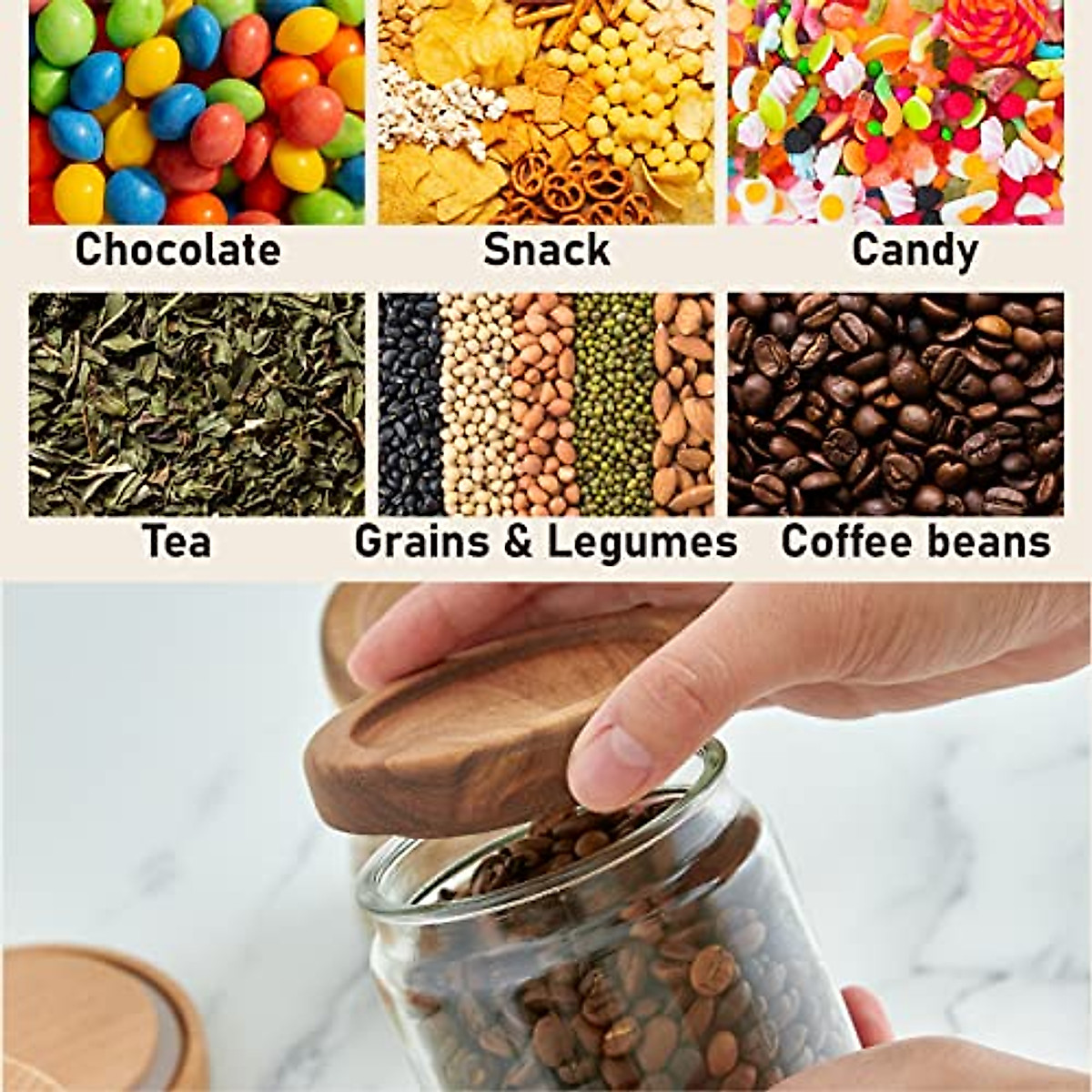 SOUL ONE 17oz (500 ML) Small Stackable Glass Cookie Jar with Wide Mouth Airtight Wooden Lid, Clear Candy Jar, Sugar Jars for Kitchen, Round Organization Container for Coffee Bean, Tea, Nut - Acacia