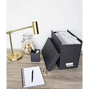 Bigso John Fiberboard Label Frame Desktop File Storage Box Document Organizer for Important Paperwork Durable Hanging File Box with a Lid & Metal Label Window 7.4’’ x 13’’ x 10.4’’ Blue