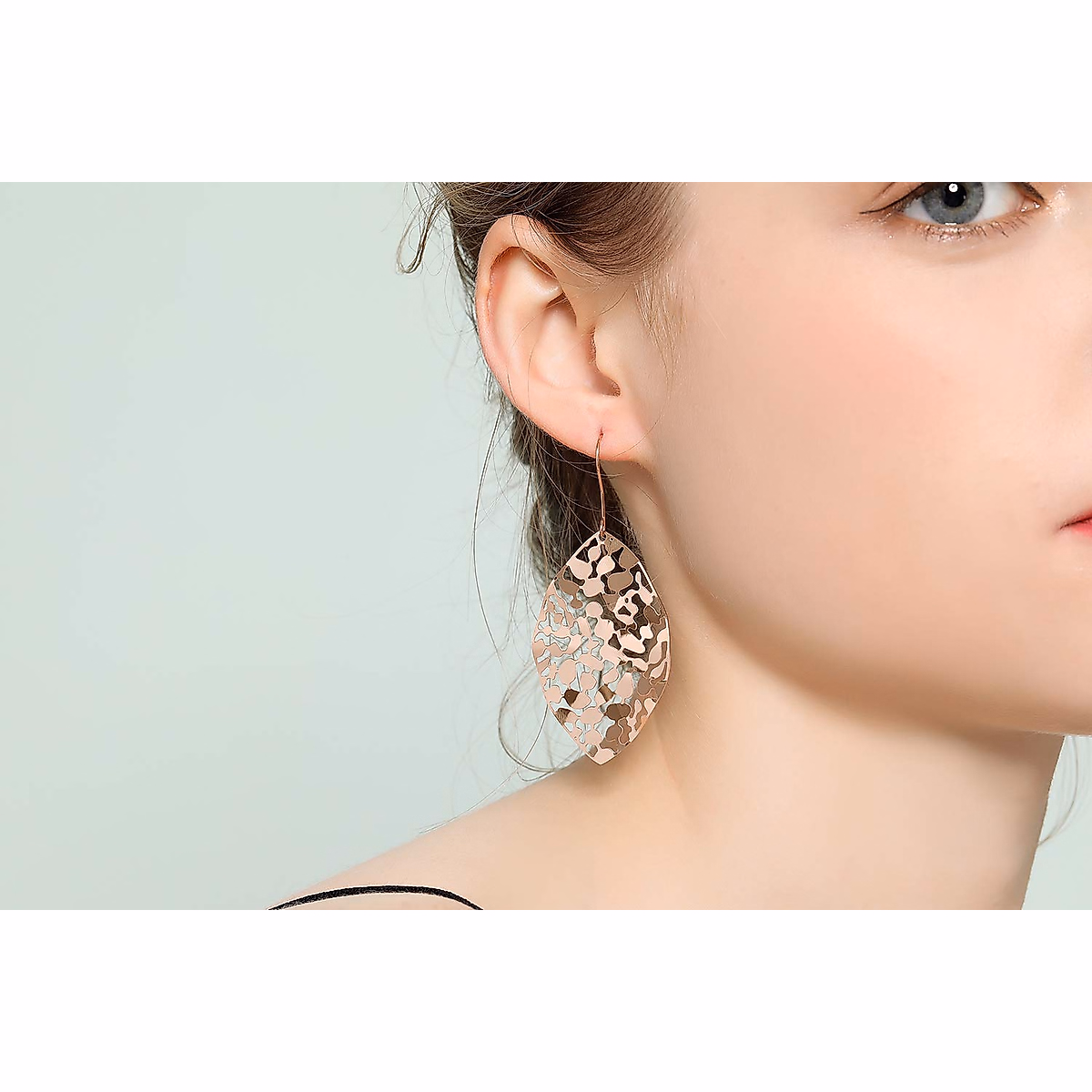 Cyan Birdee Leaf Dangle Earrings for Women Gold-plated Filigree Dropping Lightweight Fashion Jewelry, Mother's Day Gift (Rose Gold Leaf)