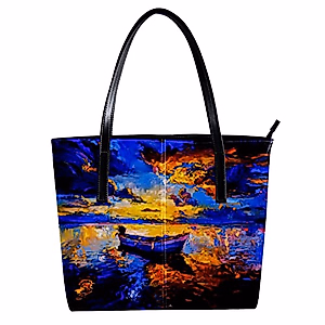 Fashion Leather Handbags Oil Painting Scenery Tote Bag With Zipper for Beach Shopping School Work Travel Business