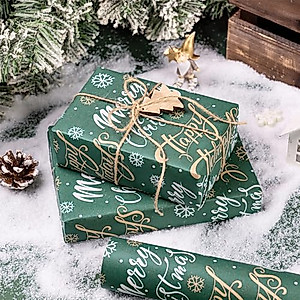 RUSPEPA Kraft Christmas Wrapping Paper Roll - Mini Roll - Green White Gold Greeting Design for Holiday Gift Wrap - 17 Inches X 32.8 Feet