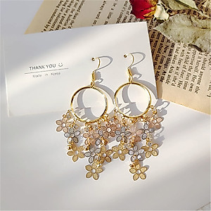 ANDPAI Bohemian Long Colorful Chandelier Tassel Flower Dangle Drop Hoop Earrings for Women(Gold)