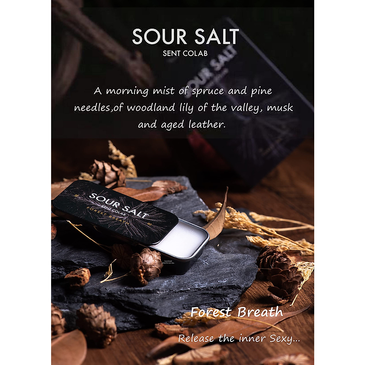 SourSalt SOLID Cologne -FOREST BREATH Pocket-Size Fragrance. - .5 oz Tin Wooden Note Long Lasting