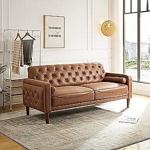 Lunanniu 78 Inch Vegan Leather Sofa Faux Leather Couches Loveseat Button Tufted Back Mid Century Modern 2 Bolster Pillows Solid Wood Frame and Legs 2 Seat Love Seat for Living Room Brown