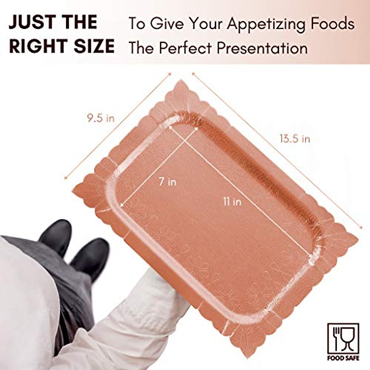 6-Pack Rose Gold Disposable Serving Trays - 9.5" x 13.5" Serving Tray Set - Heavy Duty Cardboard Cookie Platter - Decorative Disposable Trays - Rose Gold Serving Trays and Platters for Dessert Table