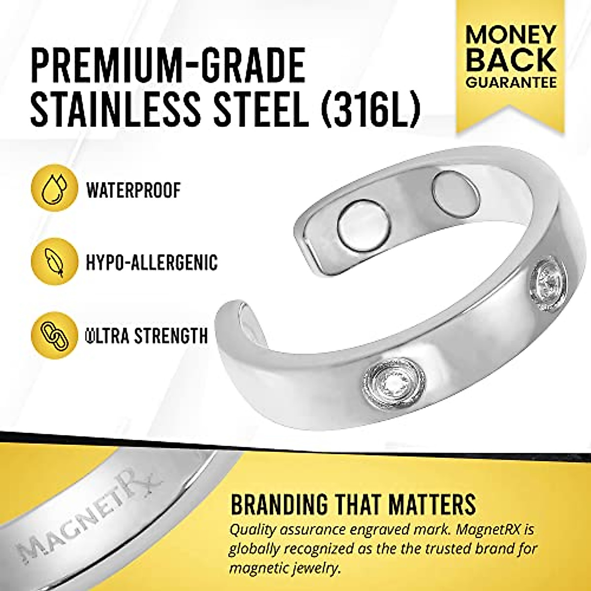 MagnetRX® Magnetic Ring Women - Elegant Crystal Ring - Magnet Rings Women (Silver | Ring Size: 8)