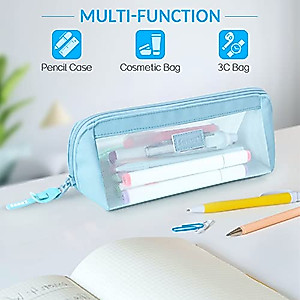 Sooez Large Grid Mesh Pencil Case, Big Capacity Clear Pencil Pouch Pen Bag with Zipper Closure, Cute Stationery Organizer Transparent Makeup Bag for Adult Girls Boys Office School Supplies, Blue