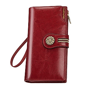 VANNANBA Large Capacity Clutch Wallet For Women RFID Blocking Waxed Genuine Leather Zipper Wallet Ladies Card holder (red)