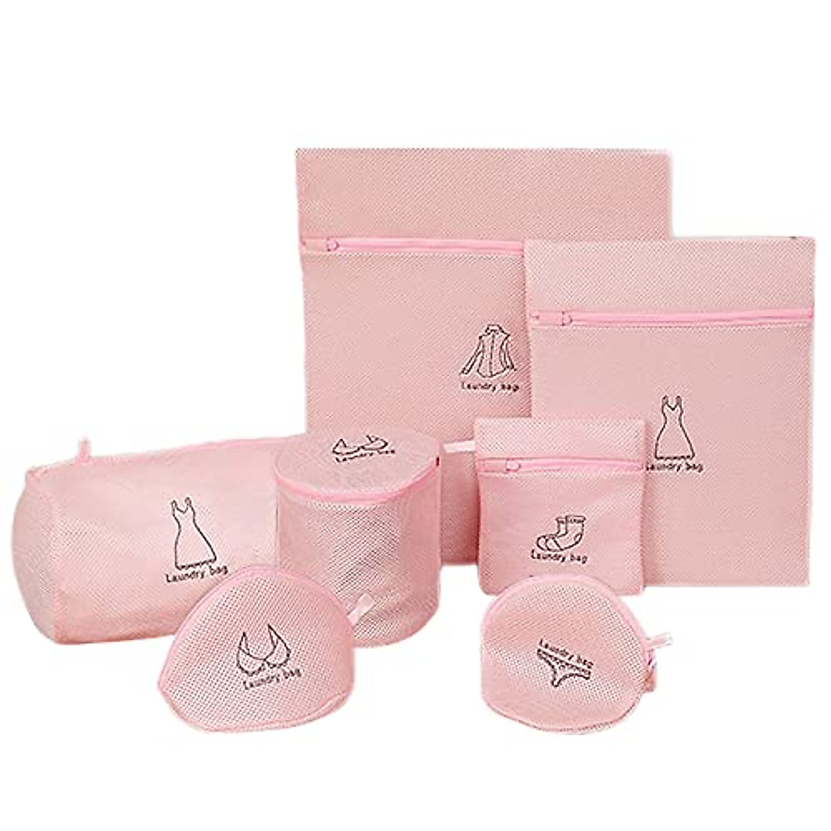 Mesh Laundry Bags Set of 7 Lingerie Bags for Washing Delicates Durable Honeycomb Mesh Laundry Bags with Zipper Bra Washing Bags for Bra,Underwear,Blouse,Jeans Etc(Pink)