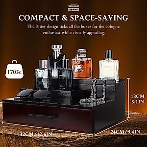 ONUEMP Wooden Cologne Organizer for Men, Perfume Organizer for Dresser, Cologne Stand with Hidden Storage and Drawer, Cologne Holder Tray Shelf, Fragrance Organizer Display Stand Rack, Gifts for Men