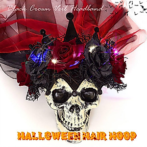 JEAIRTS Led Flower Crown Headband with Veil Day of the Dead Hair Bands Rose Mexican Floral Headpiece Gothic Costume Halloween Hair Accessories for Women and Girls