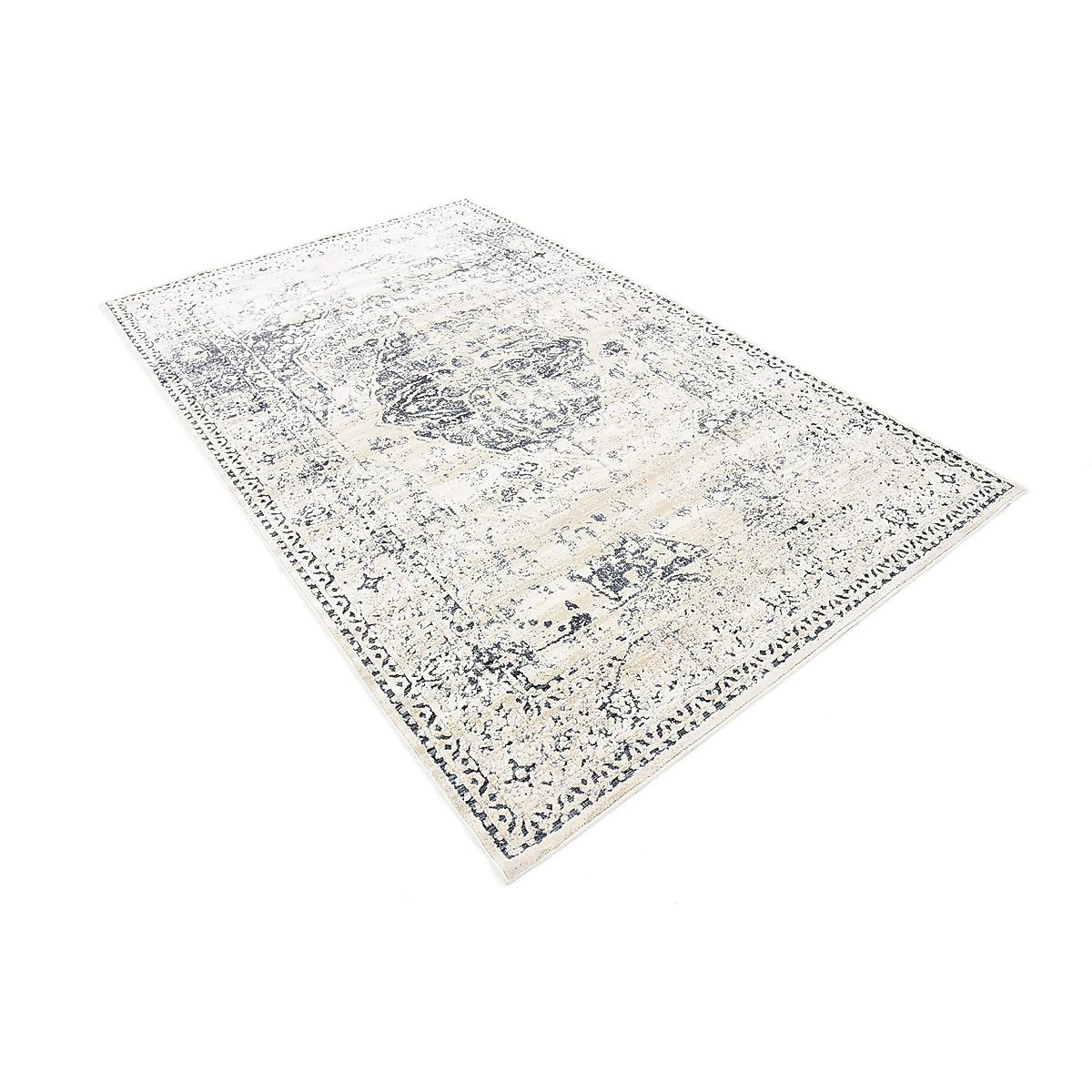 Unique Loom Chateau Collection High-Low Pile, Vintage, Traditional, Distressed, Medallion Area Rug (5' 0 x 8' 0 Rectangular, Beige/Navy Blue)