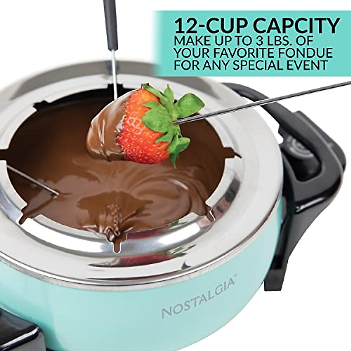 Nostalgia Electric Fondue Pot, 12-Cup, Fondue Machine with Temperature Control, 8 Forks, Cool-Touch Handles, Perfect for Chocolate Melting, Cheese, Caramel, Aqua