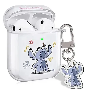 Cute Stitch Case for AirPods 1&2 Clear with Kawaii Keychain for Women Girls Kids Lovely Anime Dog Design Protective Skin Slim Soft Silicone TPU Airpod Cover for AirPods 2nd &1st Generation