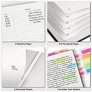 OFFIGIFT Graph Paper Notebook, 312 Numbered Pages Large A5 Hardcover Leather Journal, 100gsm No Bleed Grid Paper Notebook with Index Pages, Grid Notebook for Graphing Notes Math, 5.75" x 8.38", Black