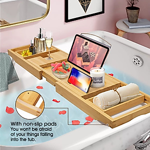 Artmalle Bathtub Caddy Tray for Tub,Foldable Bamboo Bath Table Tray with Book and Wine Glass Holder, Free Soap Dish Suitable for Luxury Spa or Reading,Natural
