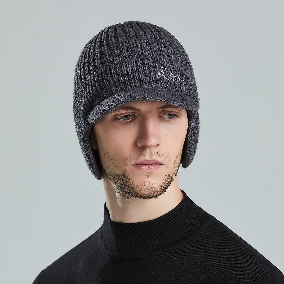 Men Earmuffs Ski Cycling Hat Warm Chunky Cable Knitted Hats Autumn and Winter Windproof Thickened Hat (A, One Size)