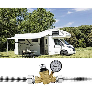 Adjustable Brass Water Pressure Regulator, with Gauge (0-160 PSI), Great for RVs and Boats and Plumbing Fixtures From High Water Pressure, Build-in Oil (NH Threads)