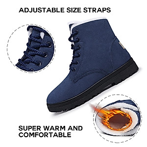 SHIBEVER Winter Snow Boots for Women: Dark Blue Warm Fur Lined Ankle Boots Comfortable Suede Lace Up Booties Cute Flat Shoes Size 10