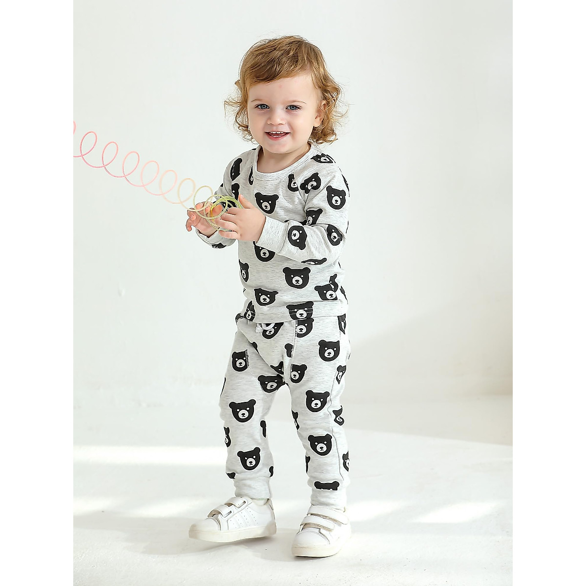 Toddler Baby Boy Clothes Infant Long Sleeve Bear Print Tops + Pants Sweatsuit Outfits (6-9 Months) Grey