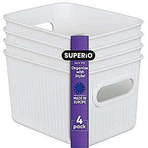 Superio Ribbed Collection - Decorative Plastic Open Home Storage Bins Organizer Baskets, Small White (4 Pack) Container Boxes for Organizing Closet Shelves Drawer Shelf 1.5 Liter