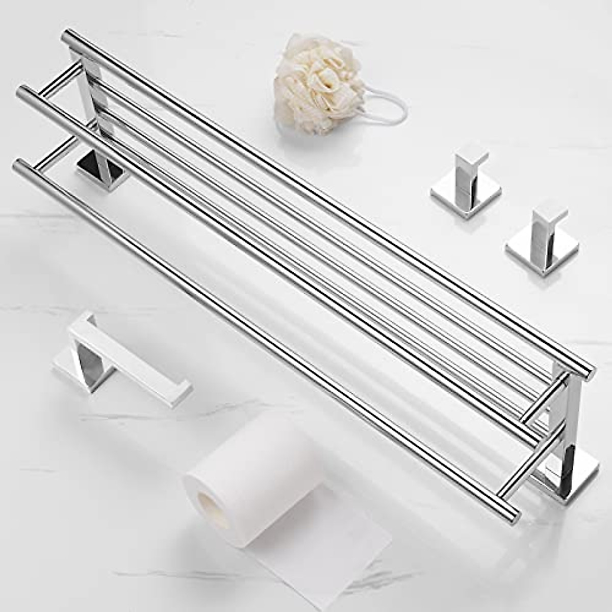 USHOWER Polished Chrome Towel Rack Set, Included 24-Inch Wide Bathroom Hotel Towel Shelf, 4 Piece