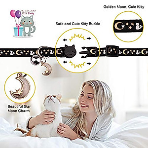2PCS Breakaway Cat Collars with Bell Moons Stars Cute Kitty Adjustable Safe Kitten Collars with Pendant Glow in The Dark(Black&Purple)