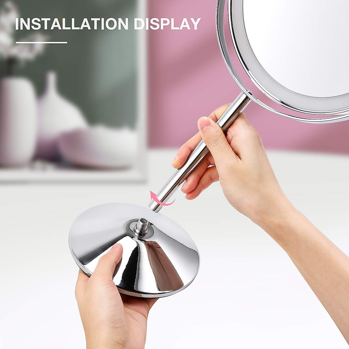 KDKD Lighted Makeup Mirror 7X Magnifying Swivel Vanity Mirror with 72 LED Lights 3 Color Modes, 8 Inch Round Tabletop Standing Polished Chrome Finished Cosmetic Mirror Rechargeable.