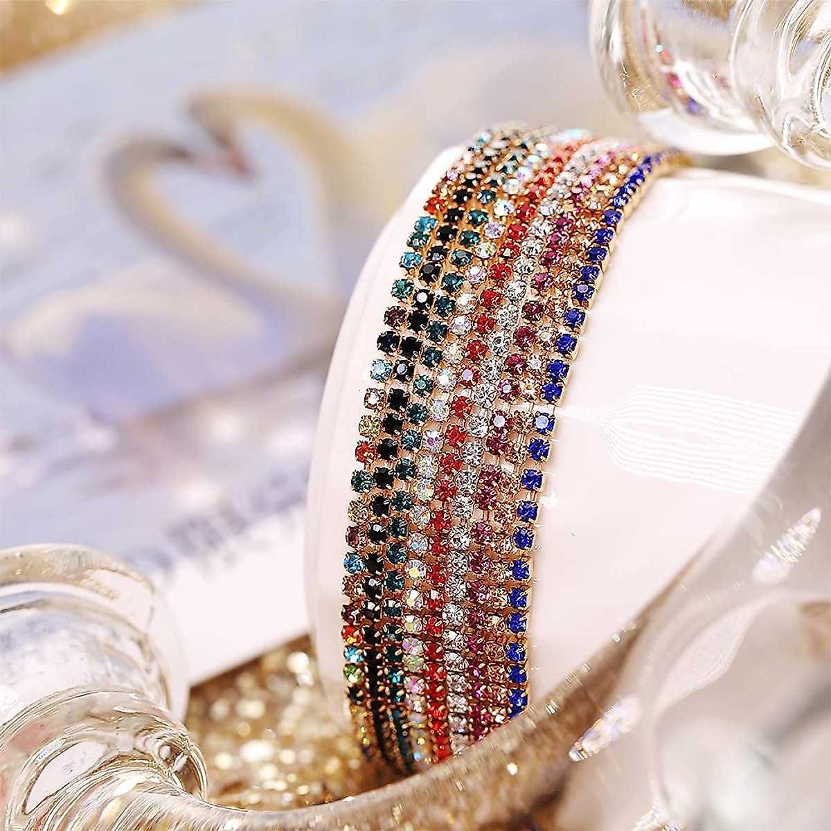 Pingyongchang Multicolor Rhinestone Bracelet Set for Women Crystal Tennis Bracelet Beaded Stretch Strand Stacked Bracelet 8 Pcs