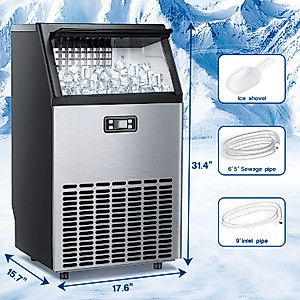 ZAFRO Commercial Ice Maker, 100lbs/24H Ice Machine with 33lbs Ice Bin, Self-Cleaning Under Counter Stainless Steel Freestanding Ice Maker for Restaurant/Bar/Cafe/Office Silver, Includes Scoop