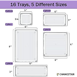 16 PCS Drawer Organizer Set Clear Plastic Drawer Organizer Trays with Non-Slip Silicone Pads, 5-Size Desk Drawer Organizers and Storage Bins for Makeup, Jewelry, Bathroom, Office and Kitchen